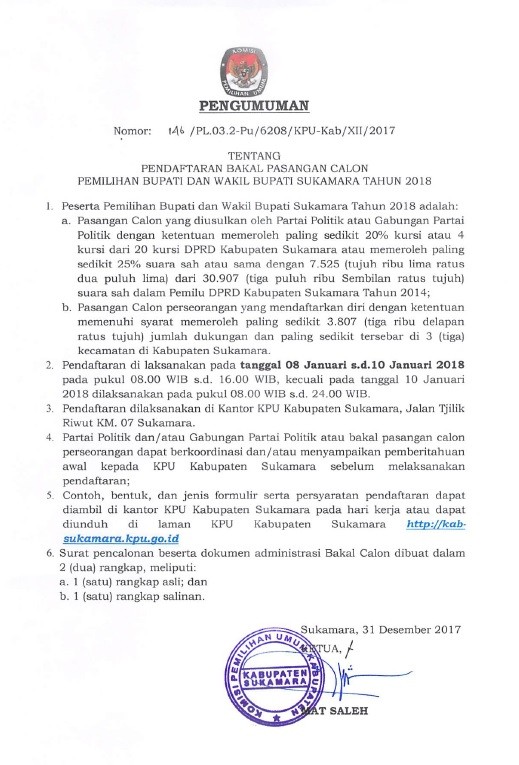 KPU KAB-SUKAMARA - PENGUMUMAN PENDAFTARAN BAKAL PASANGAN CALON PEMILIHAN BUPATI DAN WAKIL BUPATI ...